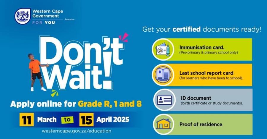 Don’t wait! Grade R, 1 and 8 admissions open tomorrow | Western Cape Government